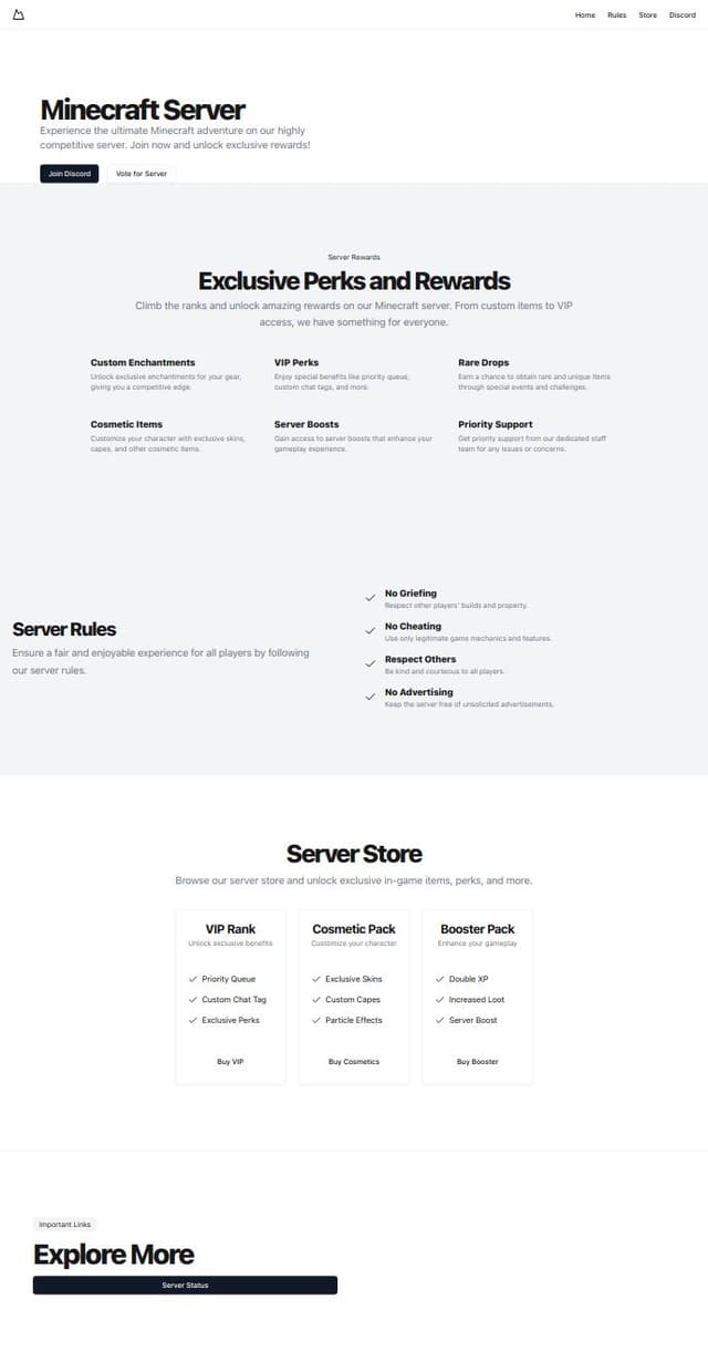 Landing page for a highly competitive minecraft server, voting links ...