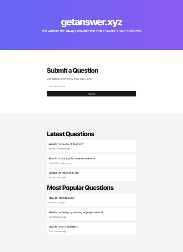 page contains 3 rows. first row ,the hero zone, declare that website getanswer.xyz always get ...