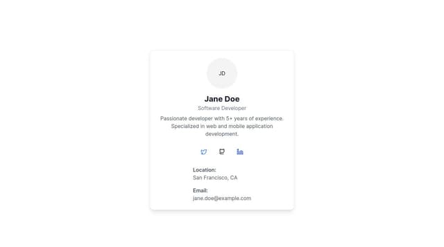 A centered user profile card with avatar, name, bio, and social links ...