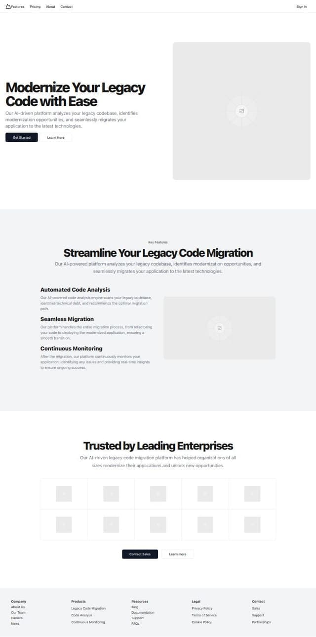 create a landing page for a AI-driven legacy code migration SaaS webapp with app bar logo ...