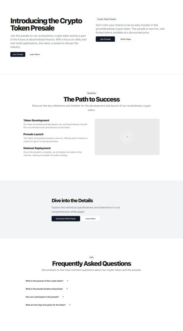 A crypto token landing page for presale which will have the following ...