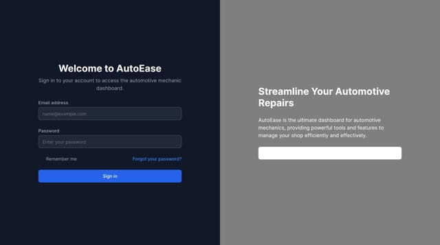 Login page for an automotive mechanic dashboard called AutoEase, dark ...