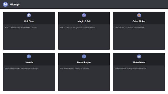 make a design for discord application bot named midnight for mobile or pc | A shadcn/ui and v0 ...