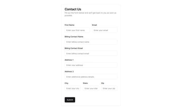 A contact form with first name, email, billing contact name, billing ...
