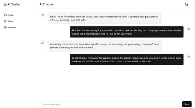 An AI chatbot page, like chatgpt. With a sidebar and a main chat ...