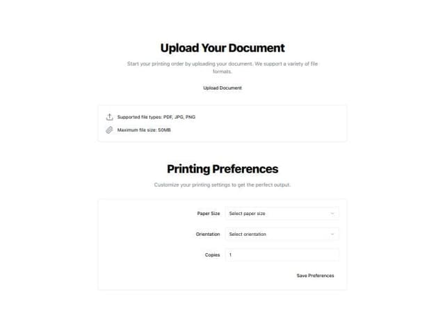Design a user interface (UI) for a document upload and printing ...