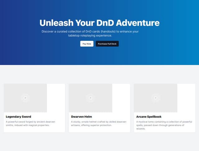 generate a landing page for DnD cards (handouts) blog with pay now ...