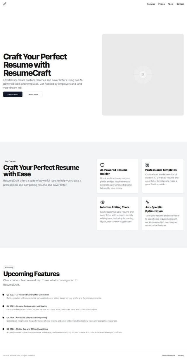 design a feature roadmap page for a saas "ResumeCraft" that help you create a custom resume and ...