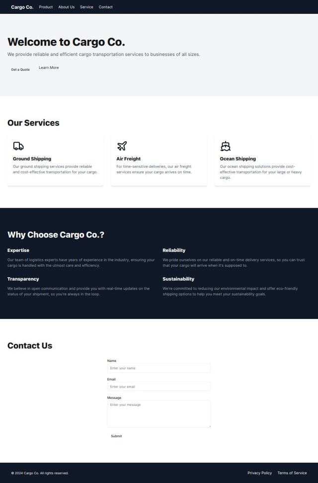 A ui Design for cargo company having header: product ,about us ...
