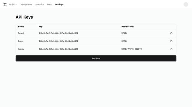 a page on which to display api keys, follow the same design as on vercel settings dashboard. | A ...