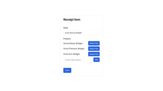 A form that will display the receipt item name at the top, and a list ...
