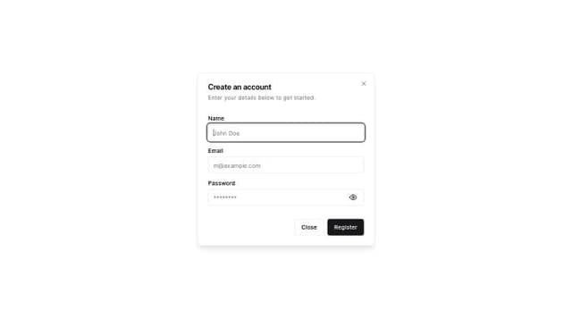 modal-style registration form with simple data validation and placeholders | A shadcn/ui and v0 ...