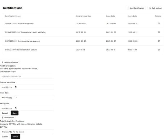 generate an application where i can see a list of certificates and add ...