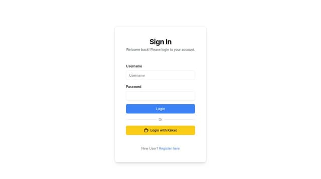 a login component includes Kakao Login button, modern design. using Button, Input, Form ...