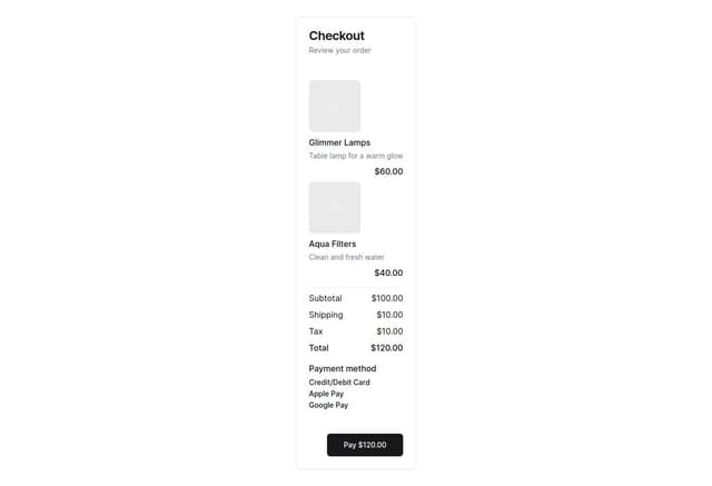 create a checkout screen with Google pay, apple pay and credit/debit ...