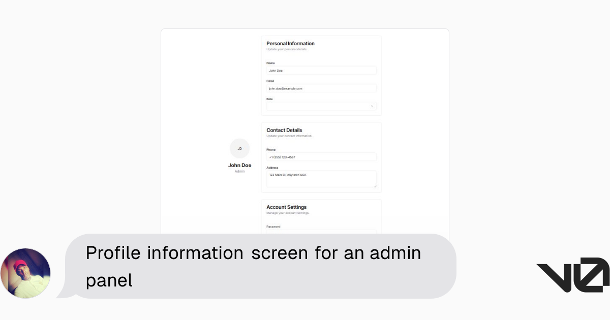 Profile information screen for an admin panel | A shadcn/ui and v0 ...