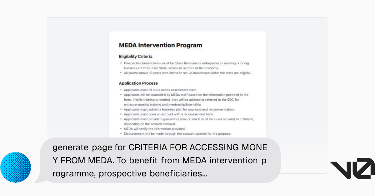 generate page for CRITERIA FOR ACCESSING MONEY FROM MEDA. To benefit ...