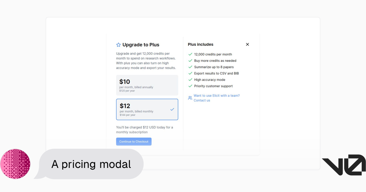 A pricing modal | A shadcn/ui and v0 generation - v0