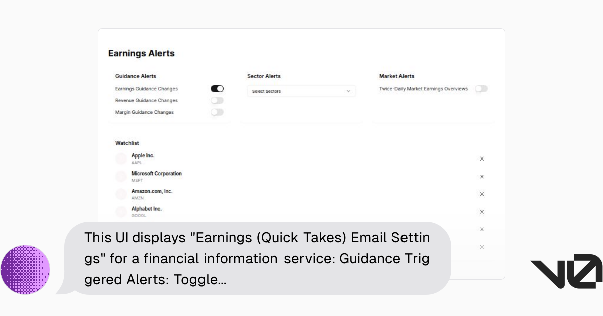 This UI displays "Earnings (Quick Takes) Email Settings" for a ...