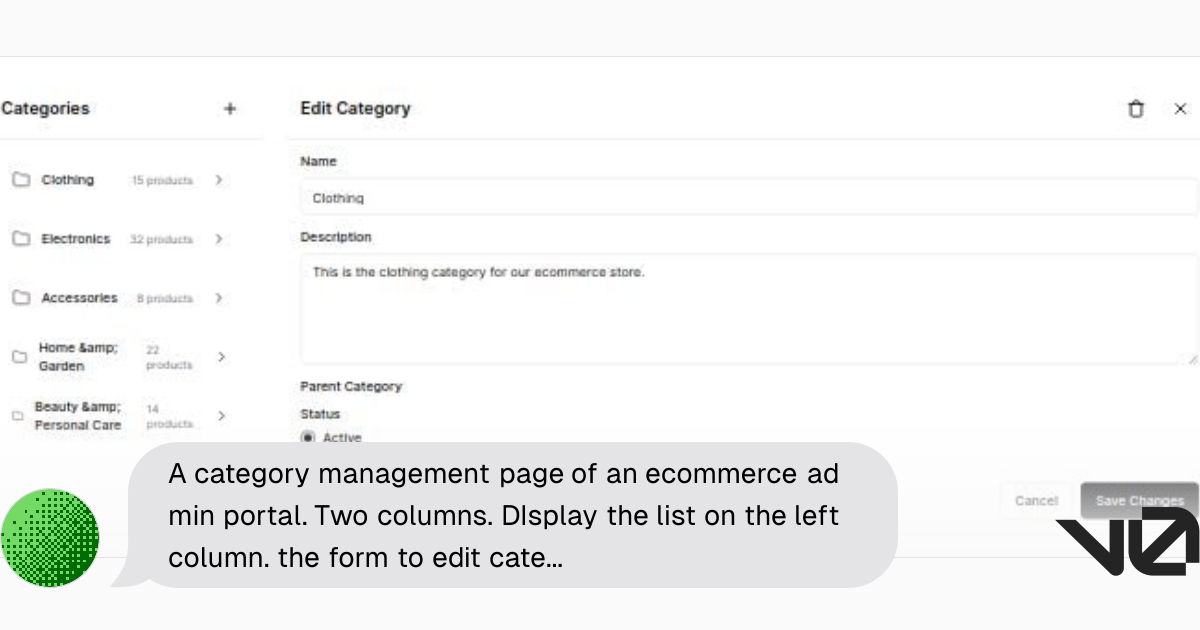 A category management page of an ecommerce admin portal. Two columns ...