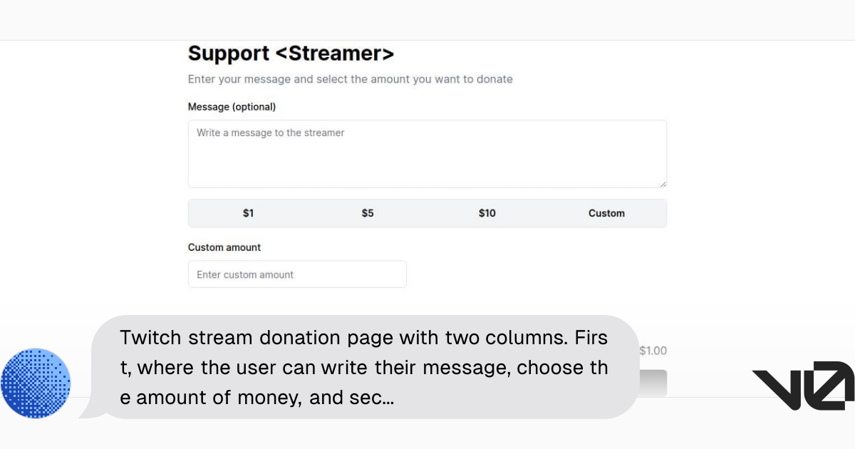 Twitch stream donation page with two columns. First, where the user can ...