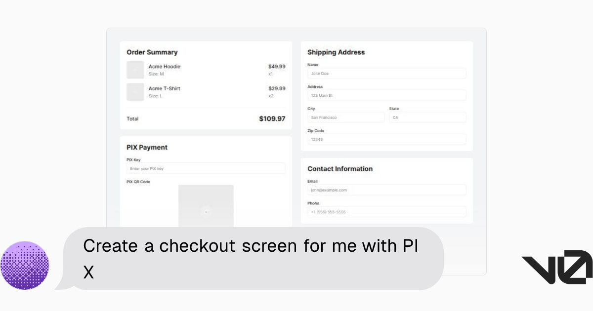 Create a checkout screen for me with PIX | A shadcn/ui and v0 ...
