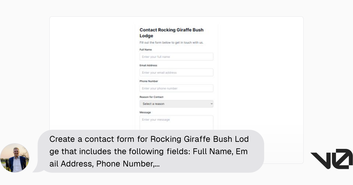 Create a contact form for Rocking Giraffe Bush Lodge that includes the ...