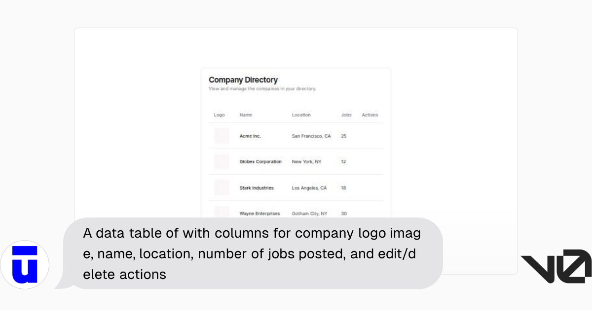A data table of with columns for company logo image, name, location ...